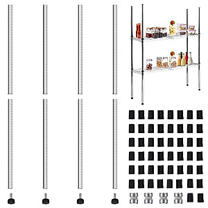 Thyle Set of 4 Wire Shelving Poles Heavy Duty Chrome Wire Shelf Shelving Posts Commercial Wire Shelving Parts with 50 Pcs Wire Shelf Clips for 1" Post Shelving Rack Accessories Replacement(36")