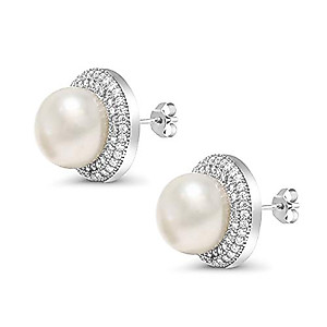 Gem Stone King 925 Sterling Silver 9MM Cultured Freshwater Pearl Button Stud Earrings For Women