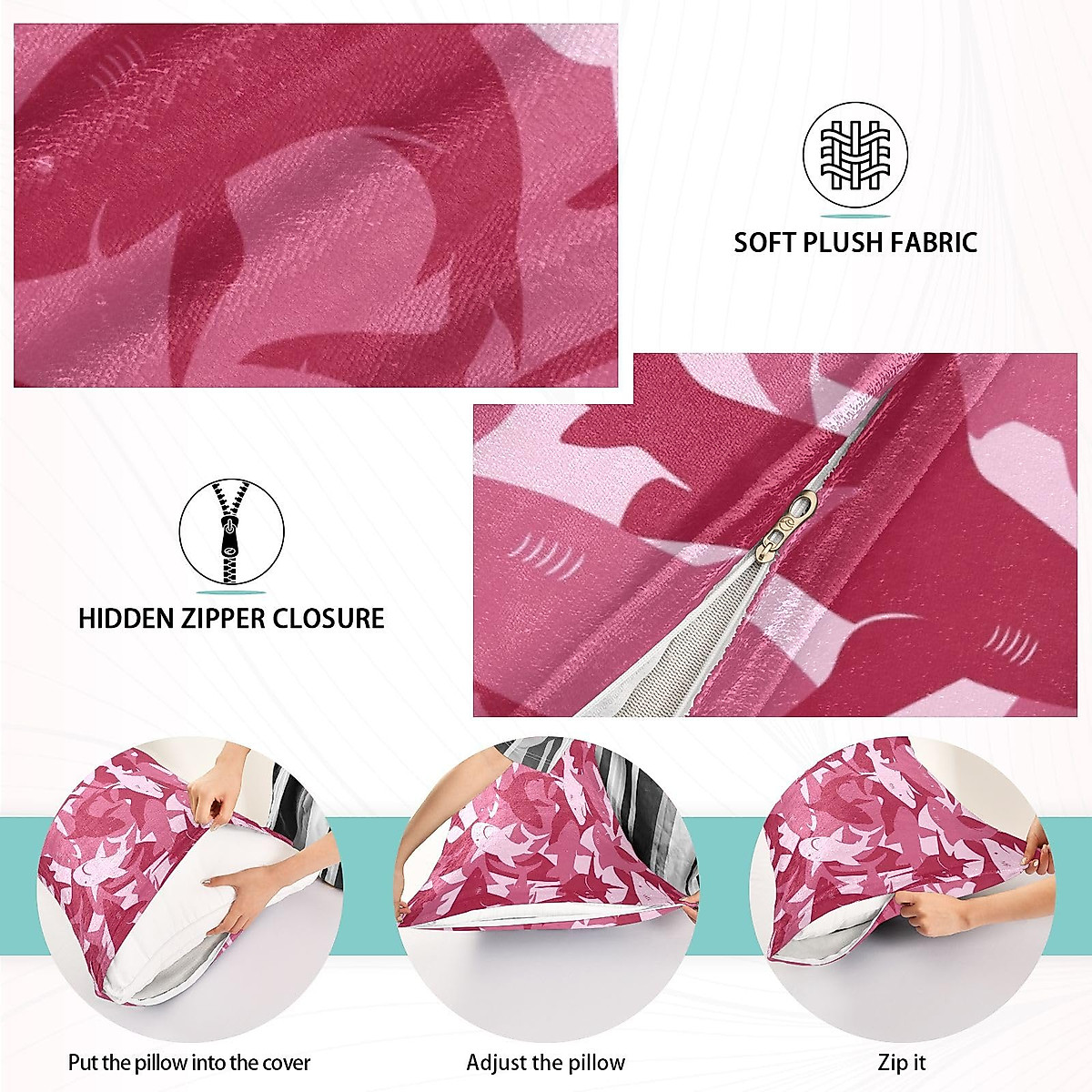 Sharks Camo Pink Pillowcase for Hair and Skin Body Pillow Cover Bed Pillow King Size 20"X 40" Super Soft Pillow Case with Zipper for Pillow