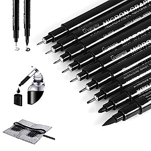 9 PCS Micron Pens, Calligraphy Pen Set with Felt Pen Case Black Archival Ink Refillable Fine Point Drawing Pens for Writing, Watercolor, Sketching, Anime, Manga, Art Supplie Assorted Point Sizes
