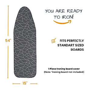 SAVUK Ironing Board and Cover Drawstring Tightening with Thick Felt Padding Scorch Resistant Easy Fit Heavy Reflective Duty Adjustable 3 Layer Standart Size 15x54 inch(Geometric Grey)