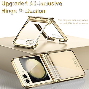 NINKI Compatible Clear Case for Samsung Galaxy Z Flip 5 Phone Case with Hinge Protection,Full Coverage Luxury Transparent Plating PC Thin Case Cover for Samsung Galaxy Z Flip 5 5g Case Champagne Gold