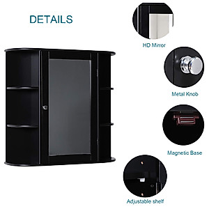 Iwell Bathroom Medicine Cabinet with Mirror, Bathroom Wall Cabinet with 2 Adjustable Shelves & 6 Open Shelves, Bathroom Cabinet Wall Mounted, Over The Toilet Space Saver Storage Cabinet, Black