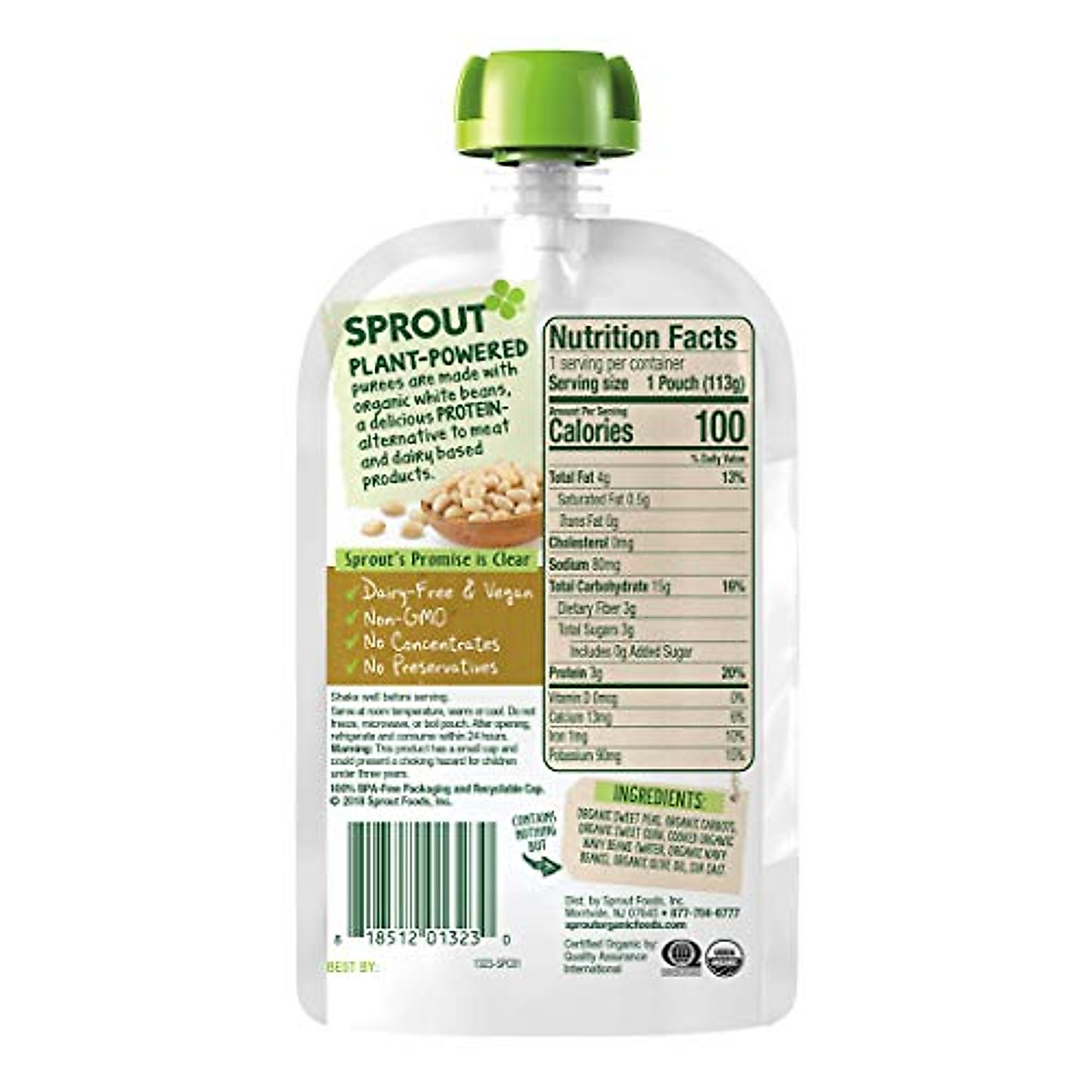 Sprout Organic Baby Food, Stage 3 Pouches, Sweet Pea & White Bean Plant Powered Protein, 4 Oz Purees (Pack of 6)