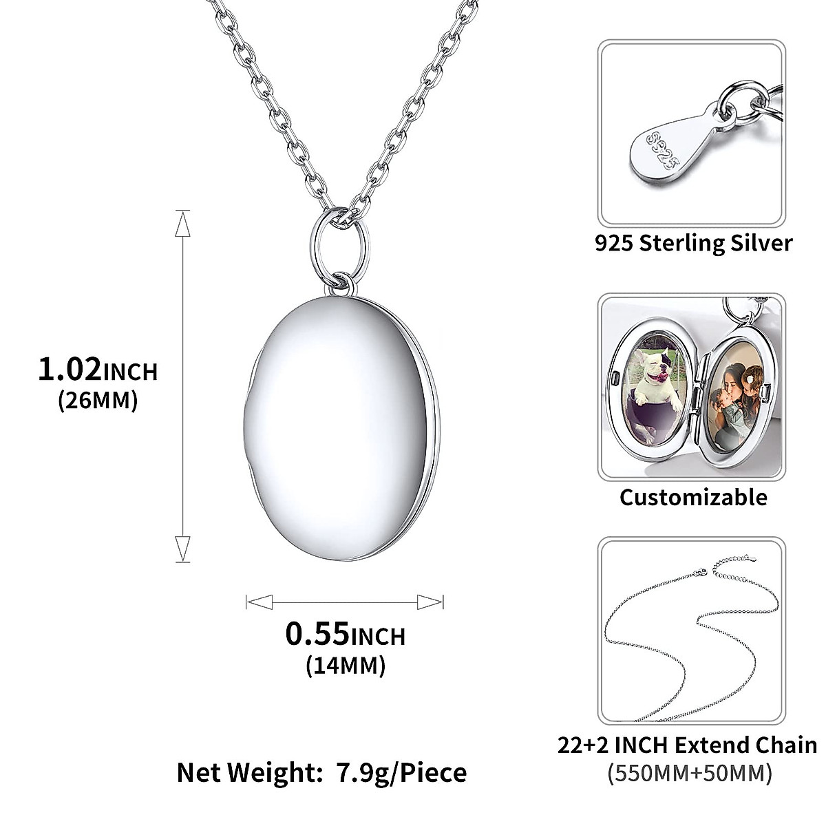 ChicSilver Personalized Oval Locket Necklace That Holds Pictures 925 Sterling Silver Custom Engraved Memory Photo Lockets 22 Inch Chain Custom Necklaces for Women