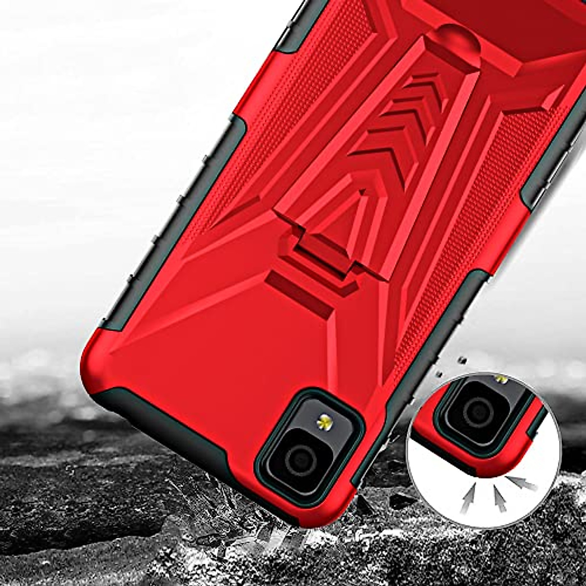 YJROP for TCL A3/A30/ion z Case with Tempered Glass Screen Protector Protection Cover Shockproof Heavy Duty [Military-Grade] Rugged Phone Case with Kickstand for TCL A3/A30/ion z (2022) 5.5" (red)