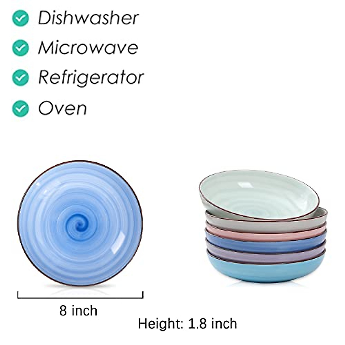 Selamica Porcelain 26 Ounce Salad Pasta Bowls, 8 inch Wide and Shallow Serving bowls, Microwave & Dishwasher Safe, Sturdy & Stackable, Set of 6, Gradient Color