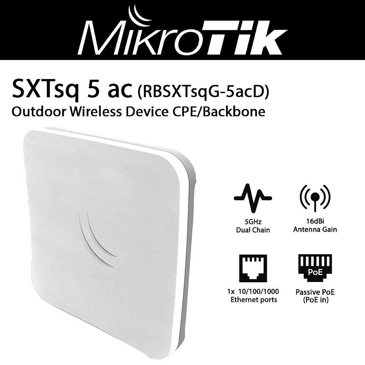 MikroTik SXTsq 5 ac 16dBi 5GHz Dual Chain Integrated CPE/Backbone with AC support and Gigabit Ethernet (RBSXTsqG-5acD-US)