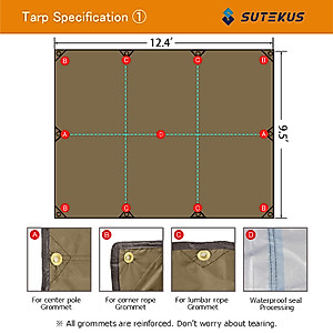 Sutekus Camping Tarp Rain Fly Tarp Waterproof Tent Tarp Lightweight Ripstop Fabric 12FT Extra Large Tarp (Khaki)
