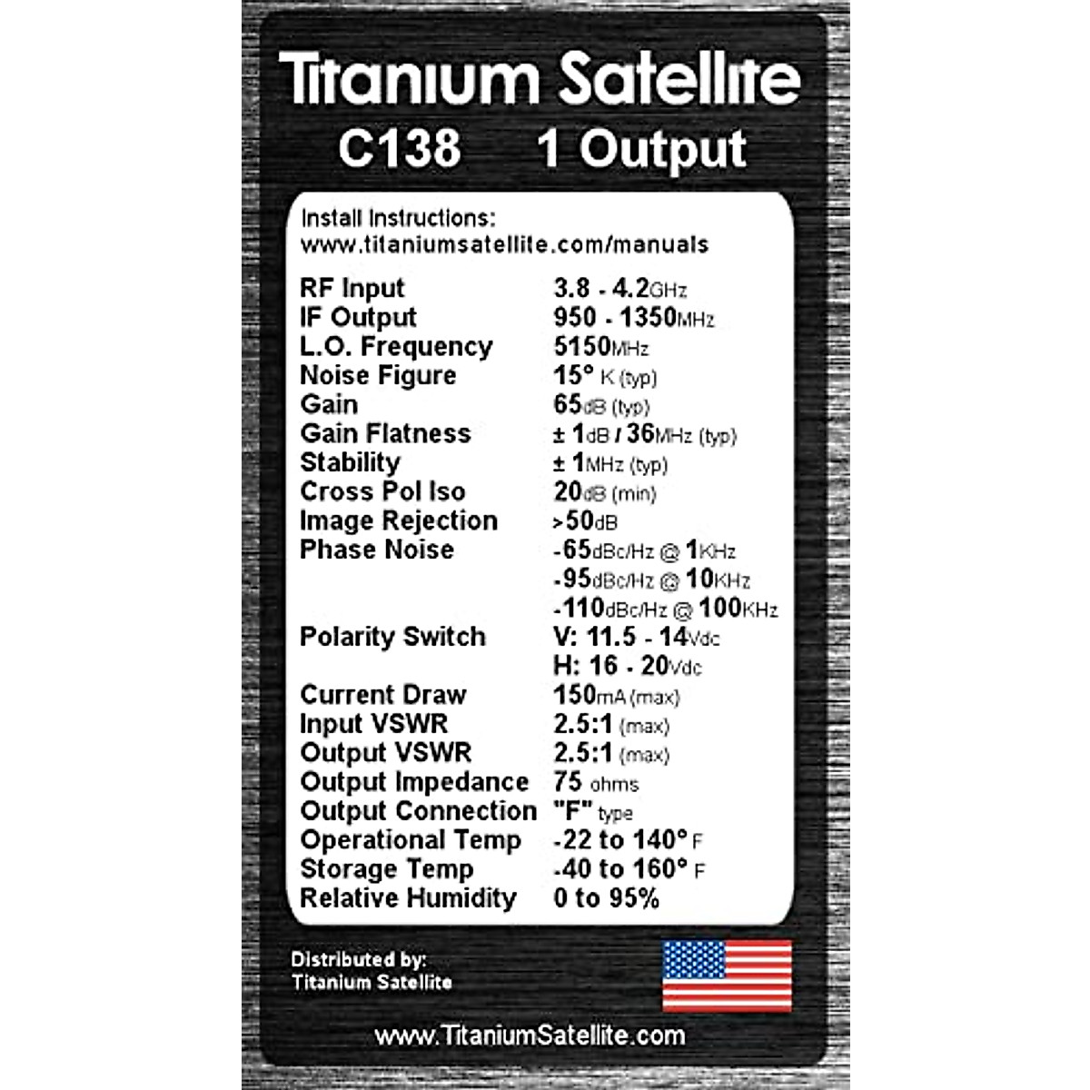 Titanium Satellite C-Band LNBF C138-5g Interference Filter 3800-4200MHz Band Pass with Single Output
