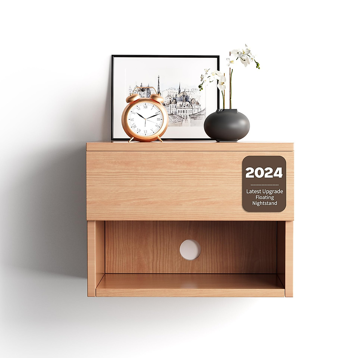 Floating Nightstand, Modern Wall Mounted Bedside Table with Drawer, Wood Bedside Shelf & Desk, End Table Wood Modern Night Stand for Bedroom (Beech, Set of 1)