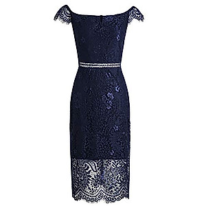 Women's Elegant Fixed V-Neck Classic Floral Lace Bodycon Cocktail Lace Dress (931B-1-3 Navy, XXL)