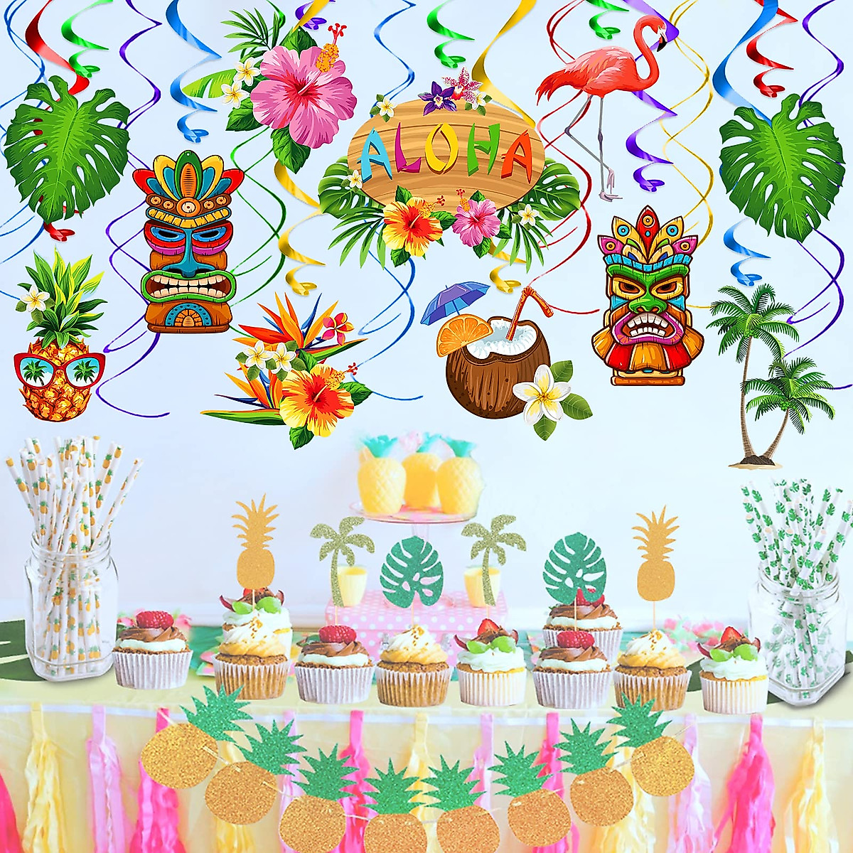 Luau Aloha Party Hanging Swirl Decorations Hawaiian Tropical Flower Palm Flamingo Sign Foil Ceiling Decor for Birthday Floral Tropical Party Summer Beach Pool Party Tiki Party Supplies 36pcs