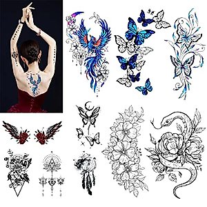 Casciybo Flower Butterfly Temporary Tattoos for Women Girls, 12Sheets Large Black Waterproof Half-Arm Shoulder Adults Fake Tattoo, Blue Realistic That Look Real Last Long Party Favors Supplies Gifts