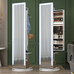 LVSOMT 360°Swivel Full-Length Mirror Jewelry Cabinet Armoire, Touch Screen Full Body Mirror with Jewelry Storage, Large Floor Jewelry Organizer for Bedroom, w/Coat Rack, Shelves(White)
