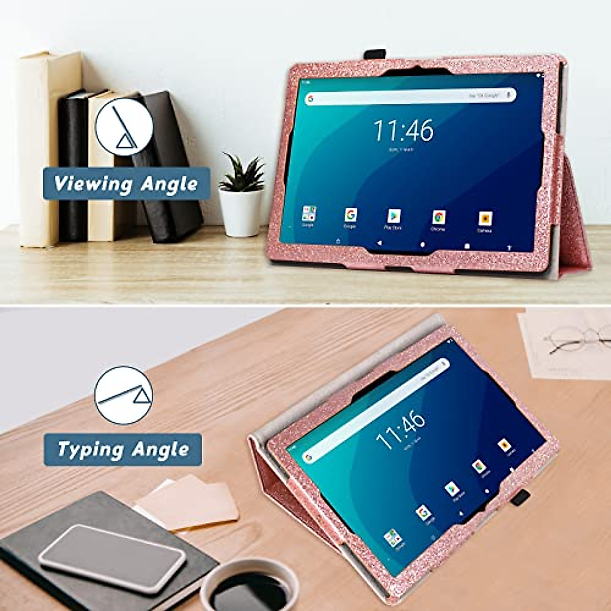 DMLuna Case for Onn 10.1 Tablet Pro (Model:100003562) ONLY (NOT FIT ONN 10.1 Tablet Model: 100011886 / ONA19TB003), Folio PU Leather Stand Case with Hand Strap Card Holder, Glitter Rose Gold