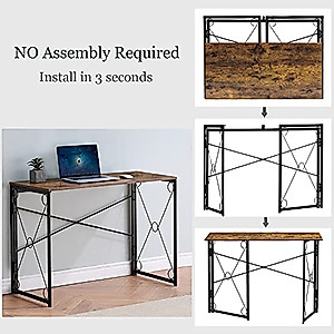VECELO 39" Writing Computer Folding Desk Sturdy Steel Laptop Table for Home Office Work, No Assembly Required,Antique Brown