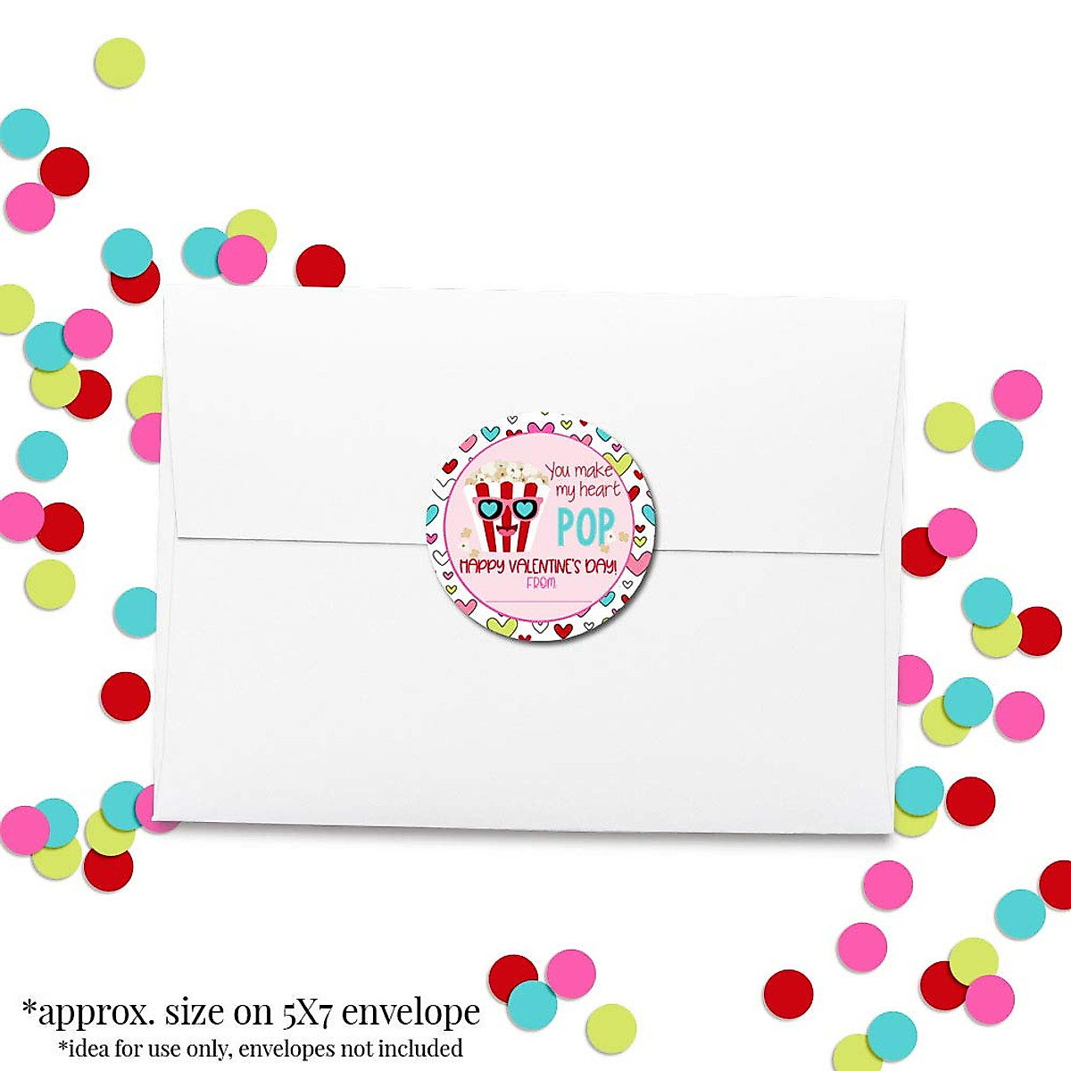 You Make My Heart Pop Fun Popcorn Themed Valentine Party Favor Sticker Labels for Kids, 40 2" Party Circle Stickers by AmandaCreation, Great for Classroom Valentines, Envelope Seals, Gifts, Treats