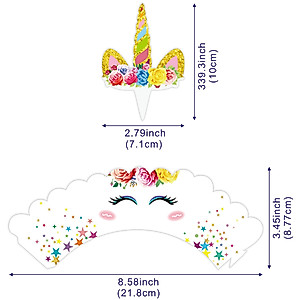 64pcs Unicorn Cupcake Toppers and Wrappers Double Sided for Kids Birthday Baby Shower Theme Party Decorations Supplies Set of 32