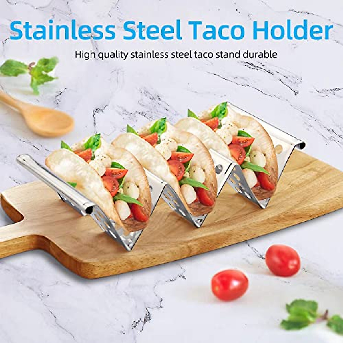 Chbuuero Taco Holders Set of 4, Taco Stand, Stainless Steel Taco Holder, Each Can Hold 3 Tortillas, with Easy-Access Handle, Fits Microwave, Air Fryer and Oven