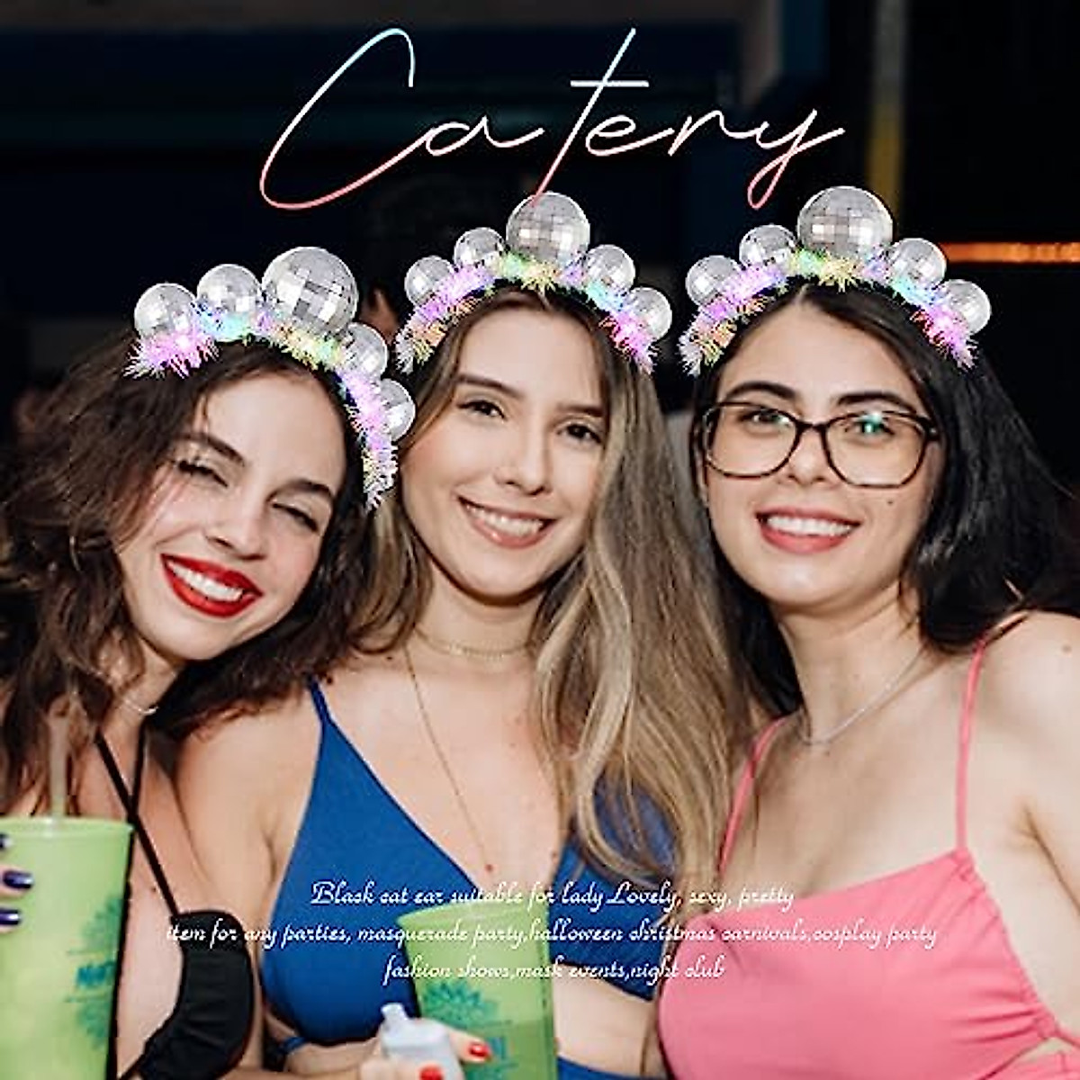 Catery Disco Ball Headband Light Up Headband Disco Headpiece Silver Mirror Ball Head Bopper Hair Hoop Headband Disco Party Costume 1970s Disco Hair Accessories for Women and Girls