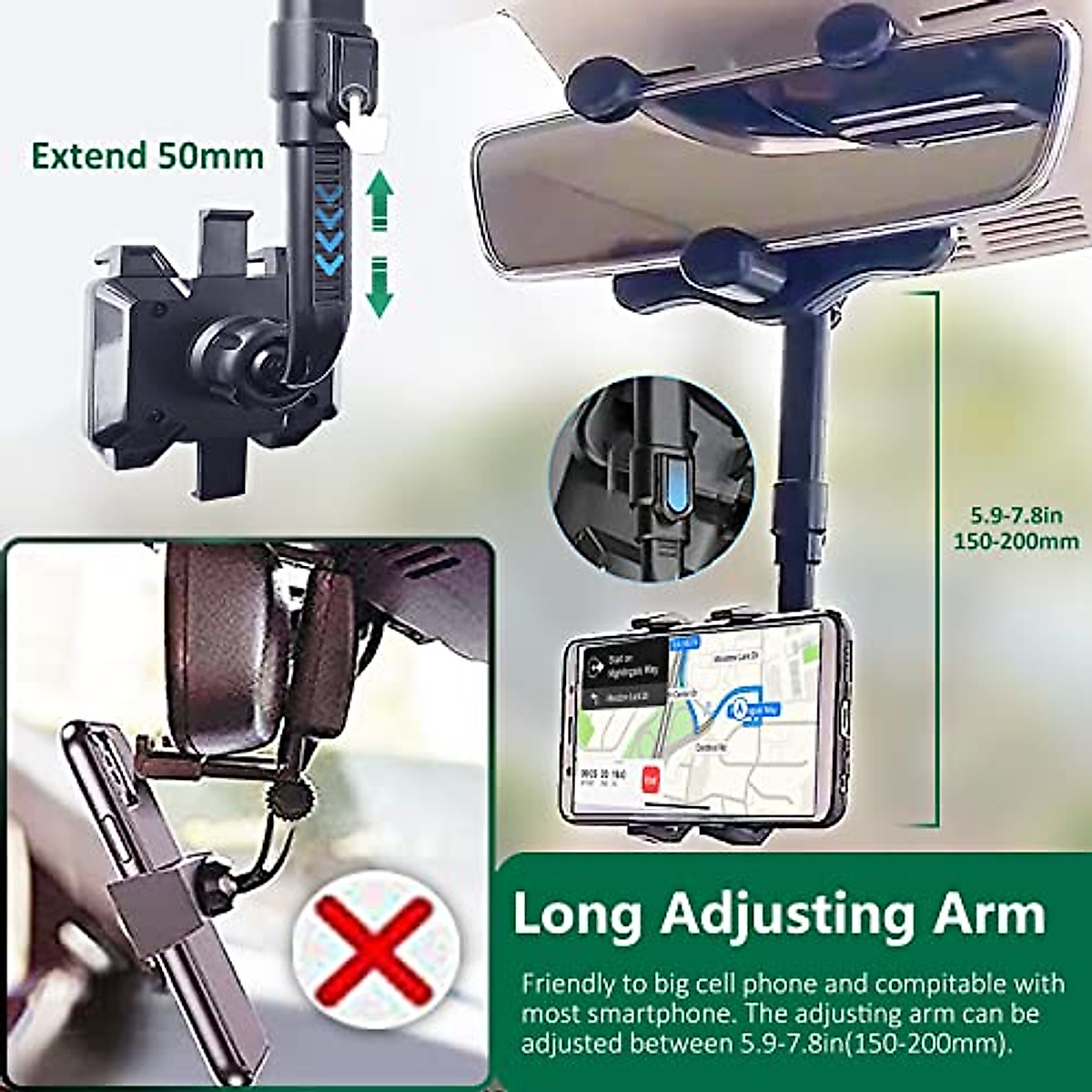 PKYAA Rearview Mirror Phone Holder for Car, 360° Rotating Rear View Mirror Phone Mount with Adjustable Arm Length, Multifunctional Phone and GPS Holder Universal Car Phone Holder for All Smartphones