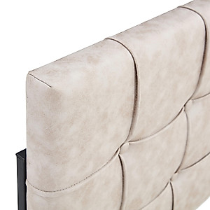 GINGVAT Queen Size Upholstered Platform Bed Frame with Lights and Height Adjustable Headboard, Fashion Square Stitched Button Tech Cloth, Modern Bedroom Furniture, Beige