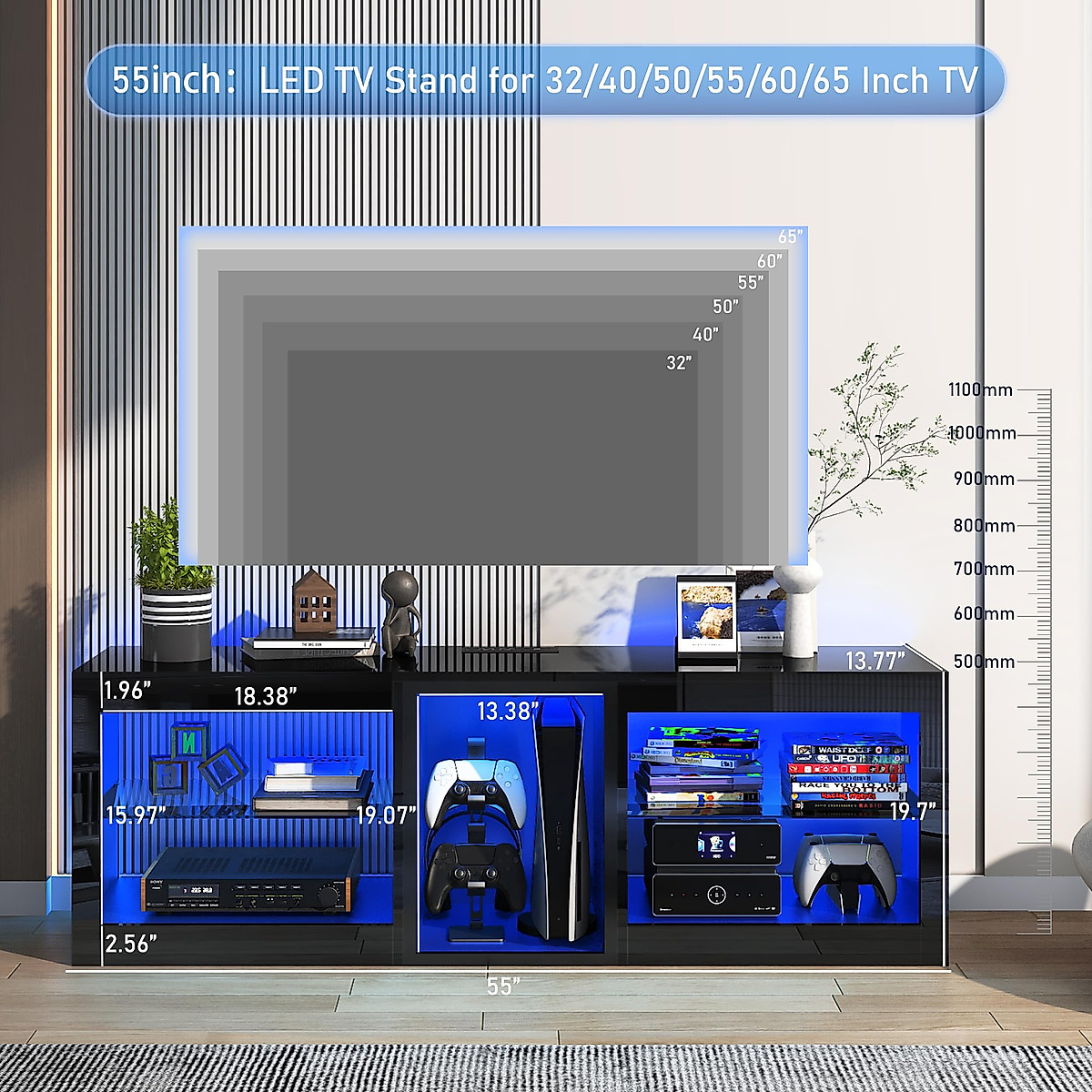 Vinctik 6&Fox High Gloss LED TV Stands w/Power Outlet,60,000-Colors Lighting for 55 60 65inch TV,Modern Black LED Entertainment Center w/Adjustable Glass Shelves for Living Room Gameroom Bedroom