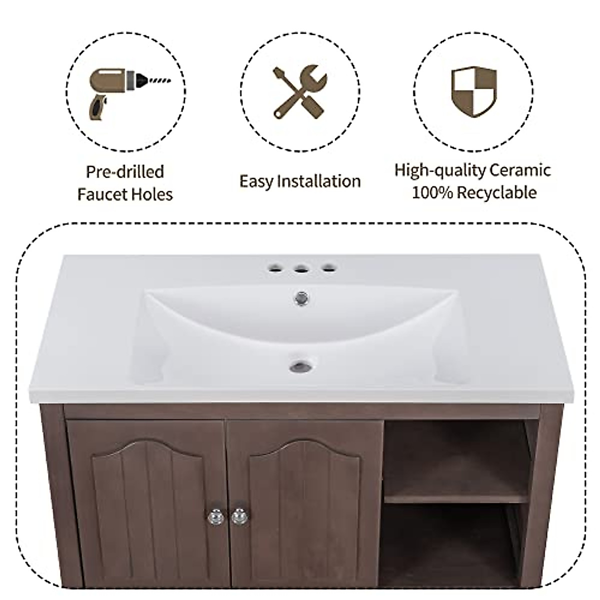 Lifeand, Integrated Combo with White Built-in Ceramic Top & Modern Base Cabinet 36" Bathroom Vanity with Sink, 36'', Brown