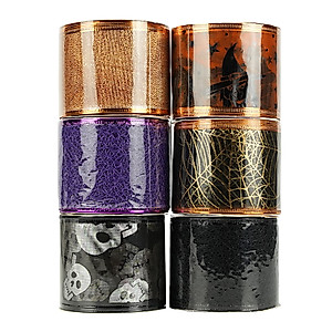 MEEDEE Halloween Ribbon - 6 Rolls, 36 Yards, Wired, Purple, Orange, Black, Skull Pattern