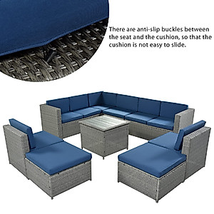 Goohome 9 Pcs Patio Furniture Sets, Outdoor Couch All Weather PE Wicker Ratten Sectional Sofa w/Coffee Table, Comforty Ottoman, for Garden Lawn Backyard, G-Blue Cushions