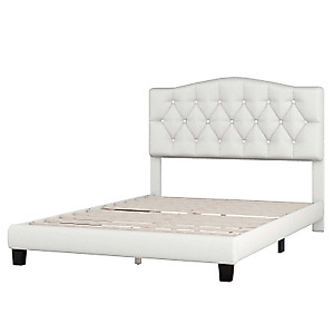 Full Size Upholstered Platform Bed Frame with Saddle Curved Headboard and Diamond Tufted Details, Wooden Slats Support, No Box Spring Needed for Boys Girls Teens Adults, Under Bed Storage (Full)