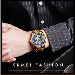 Men Boy Luxury Gold Chinese Dragon Carved Dial Diamond Quartz Watch Casual Waterproof Sport Stainless Steel Wristwatch (Gold Blue)