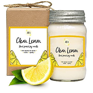 Aira Soy Candles - Organic, Kosher, Vegan, in Mason Jar w/ Therapeutic Grade Essential Oil Blends - Hand-Poured 100% Soy Candle Wax - Paraffin Free, Burns 110+ Hours - Clean Lemon - 16 Ounces