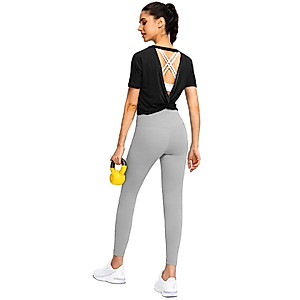 Women's Backless Workout Tops Short Sleeve Gym Shirts Soft Open Back Yoga Athletic Crop Tops for Women (Black,M)