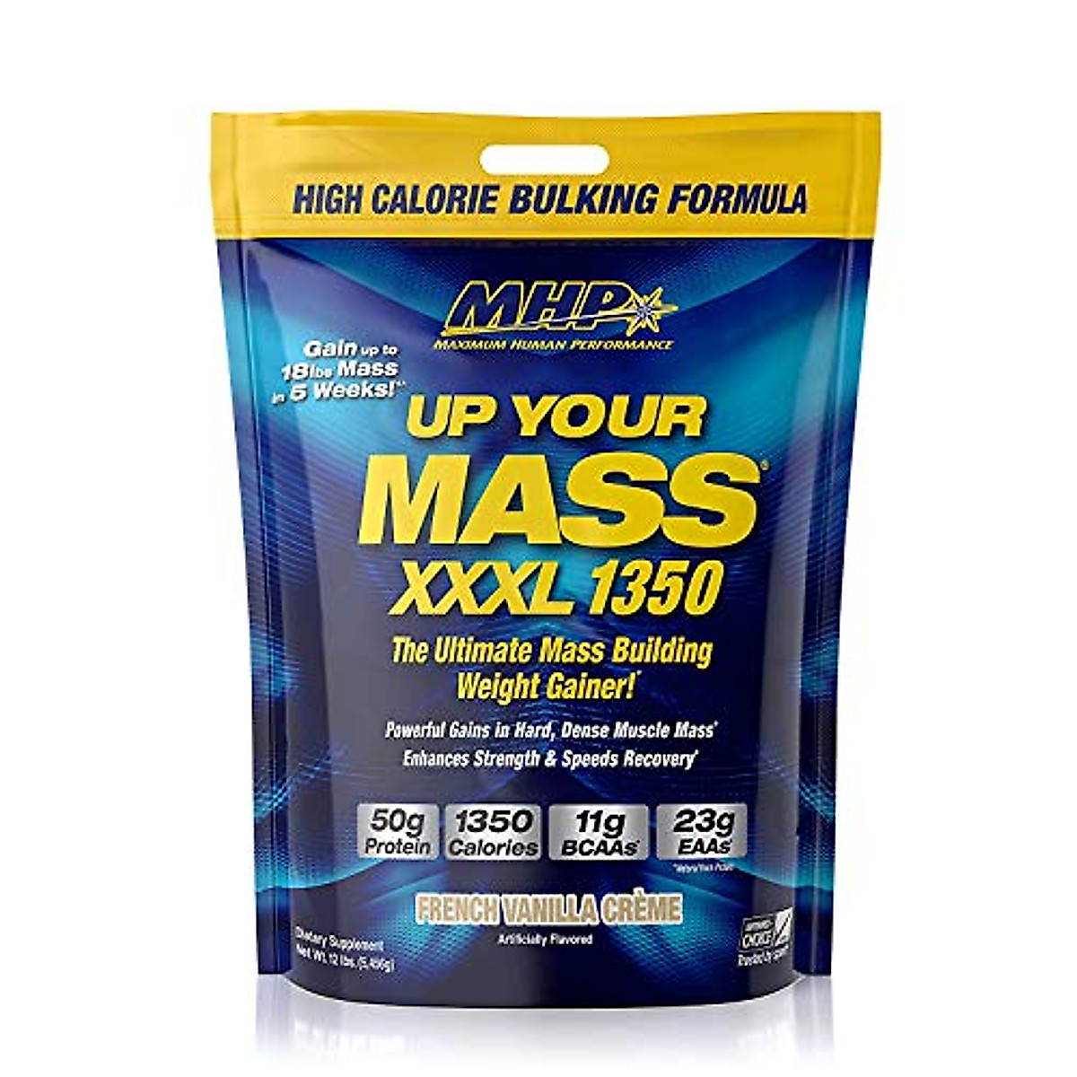 Maximum Human Performance MHP UYM XXXL 1350 Mass Building Weight Gainer, Muscle Mass Gains, w/50g Protein, High Calories, 11g BCAAs, Leucine, French Vanilla Creme, 16 Servings