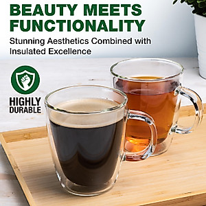 Eparé 12 oz Glass Coffee Mugs - Set of 2 - Clear Double Wall Glasses - Insulated Glassware With Handle - Large Espresso Latte Cappuccino or Tea Cup