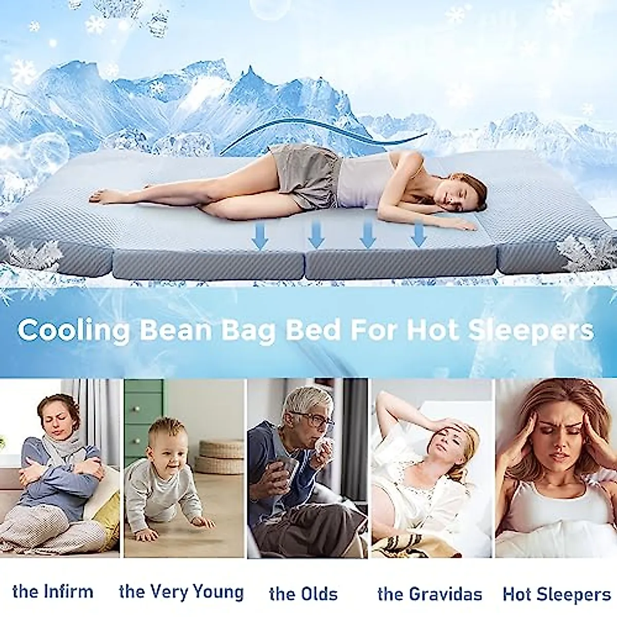 MAXYOYO Cooling Mattress, Single Floor Sofa Bed with Foam Filling, Foldable Faux Fur Cover, Blue, 30x95 Inch, Helps Hot Sleepers