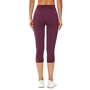 Sugar Pocket Women's High Waist Yoga Pants with Pockets?Workout Running Yoga Leggings for Women M, Dark Red Capri