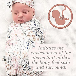 Vollmic Newborn Baby Girl Receiving Blanket Swaddle Blanket Stretchy Knit Swaddle Set with Matching Headband (Golden Flower)