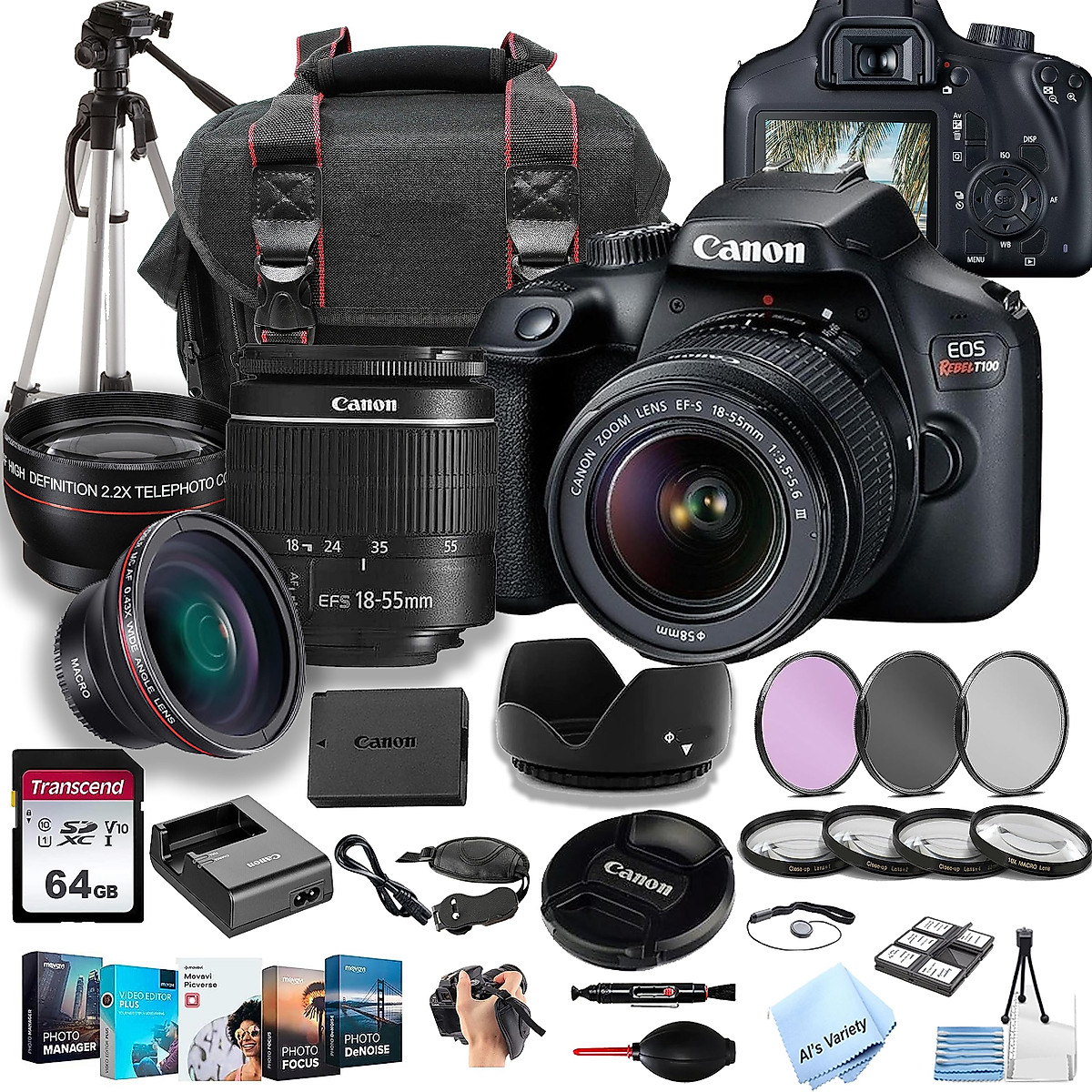 Canon Rebel T100 / EOS 4000D DSLR Camera w/EF-S 18-55mm F/3.5-5.6 Zoom Lens + 64GB Memory, Filters + Macro + 2X Lens, Case, Tripod, Flash, and More (36pc Bundle) (Renewed)