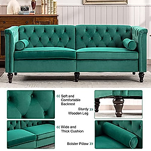 TTGIEET 76'' W Velvet Sofa Mid-Century Modern Love Seats, 3 Seater Sofa Couch with Two Bolster Pillows, Tufted futon Sofa Furniture for Living Room Bedroom Office （Green）