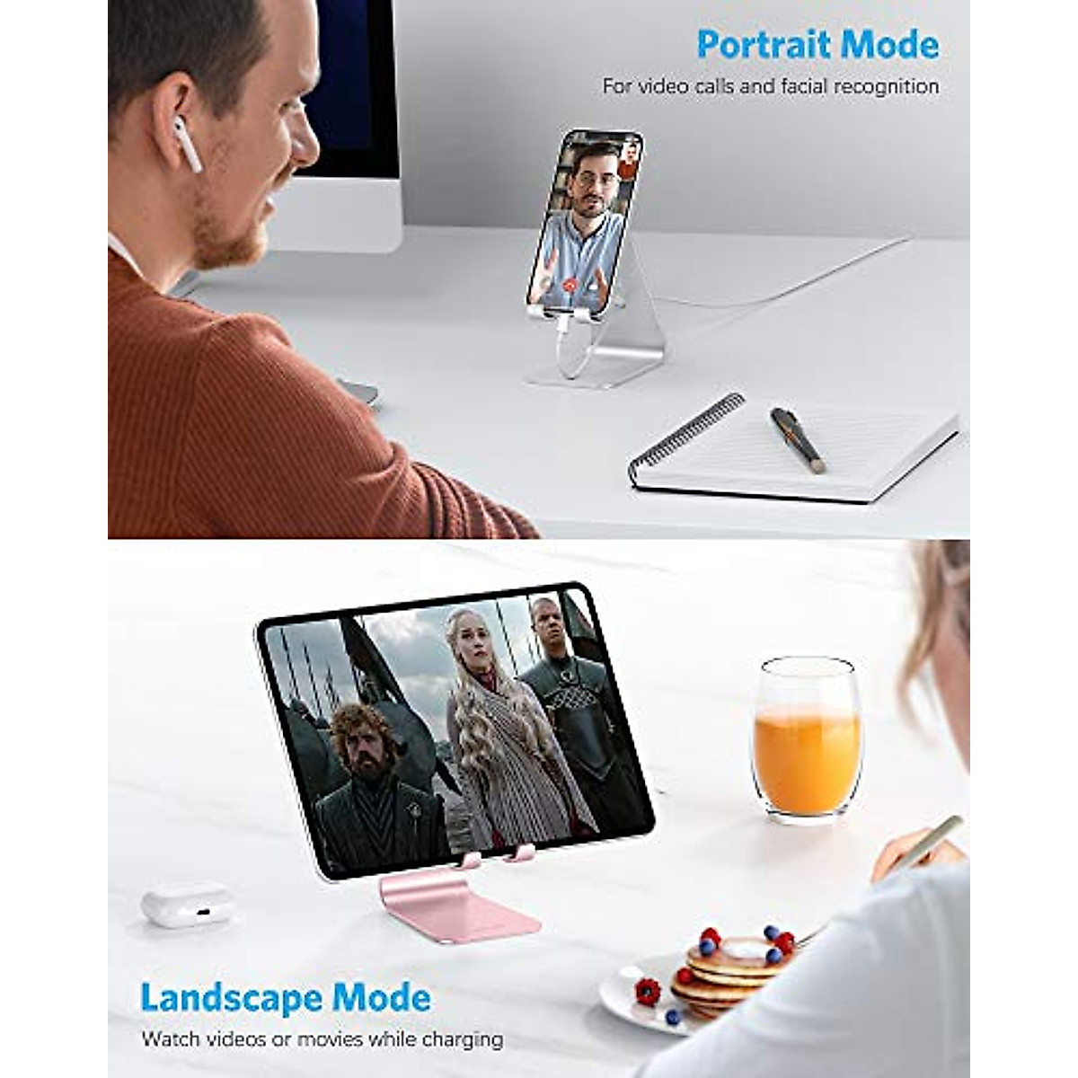 [2 Pack] OMOTON Cell Phone Stand, Aluminum Desktop Phone Holder Cradle Office Supplies Decor for 13 12 11 Pro Max, Mini XR XS SE, iPad Mini and Android Phones (Silver + Rose Gold)