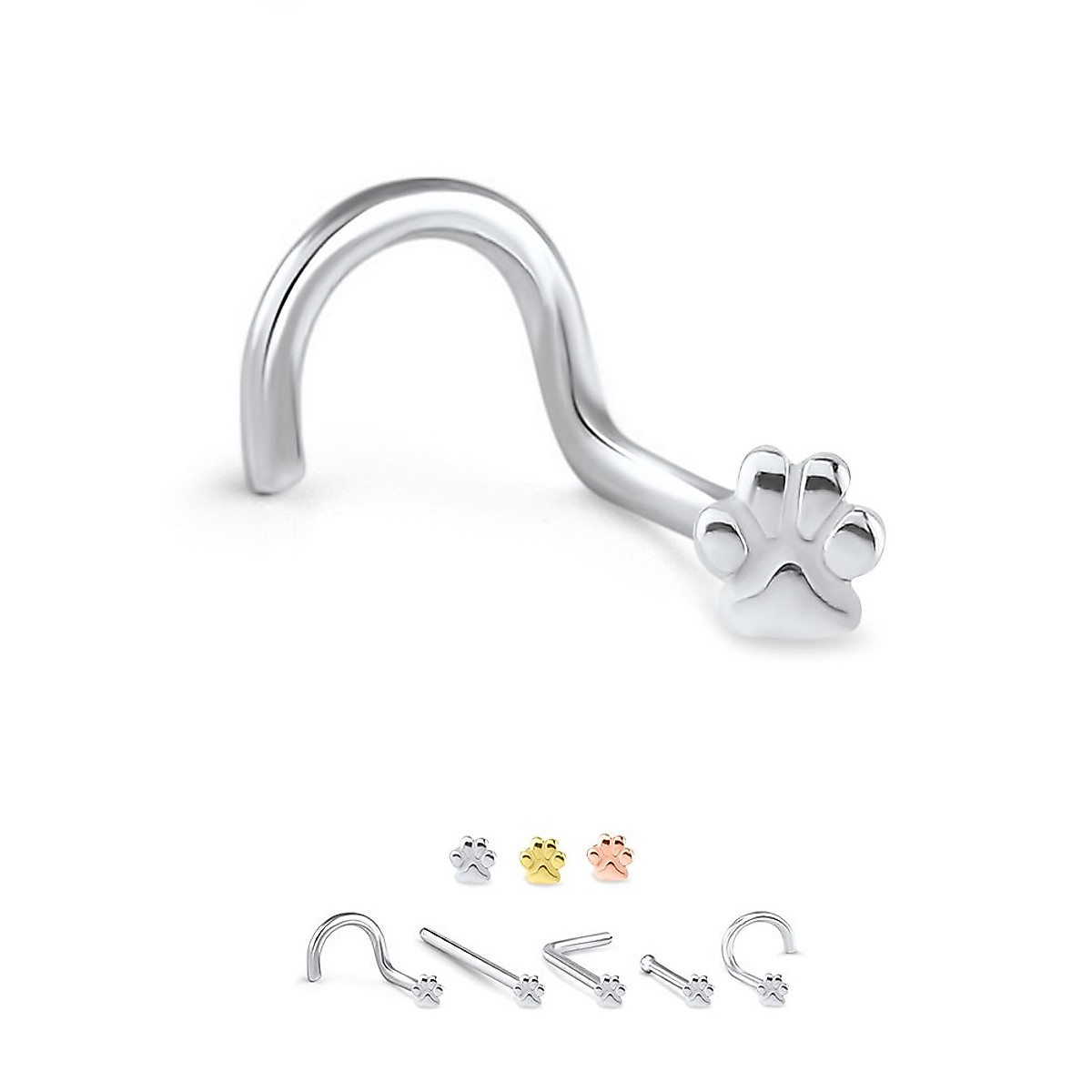 316L Surgical Steel Left Nostril Screw Nose Stud Ring Paw Print 20G