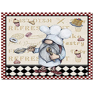 Area Rug for Bedroom Living Room Decor,Gnome Chef Kitchen Cook with Dessert Ultra Soft Non-Slip Accent Rugs Indoor Floor Carpet Buffalo Plaids and Linen Flax Non-Shedding Nursery Floor Mat,36x60in