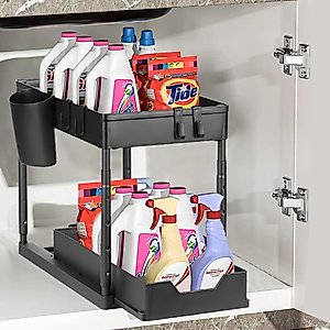Eufrozy Under Sink Organizers for Bathroom, 2 Tier Adjustable Height Under Cabinet Sliding Storage, Black Under Counter Drawers Slide Out for Kitchen Organization Shelf with 8 Hook 2 Cup