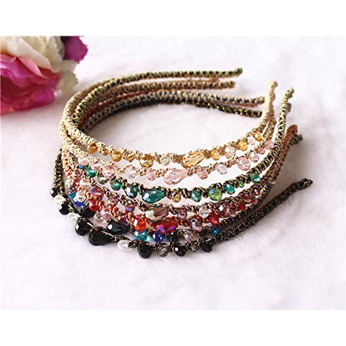 ShungFun 7 Pieces Women Fashion Thin Beads Crystal Headbands Antislip Hair Loop Clasp Glitter Hairbands Elastics Hair Bands for Wedding Hair Accessories (Yellow,Pink,Red,Green,Purple,Black and