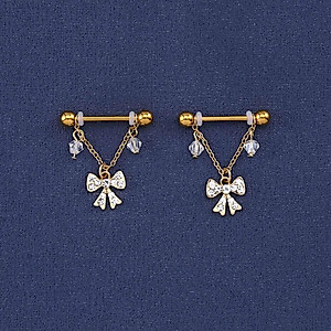 Wriidy Nipple Rings Nipple Piercing 316L Surgical Steel Straight Barbell with Dangly Rhinestone Bowknot 14G Body Piercing Accessory for Women and Girls (2 Pcs)