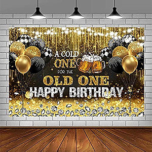 AIBIIN 7x5ft Happy Birthday Backdrop for Men A Cold One for The Old One Black and Gold Glitter Balloon Photography Background 30th 40th 50th Bday Beer Party Decoration Banner Photo Shoot Studio Props
