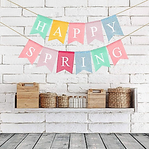 Rainlemon Rustic Linen Happy Spring Banner Fireplace Mantel Bunting Garland Decoration